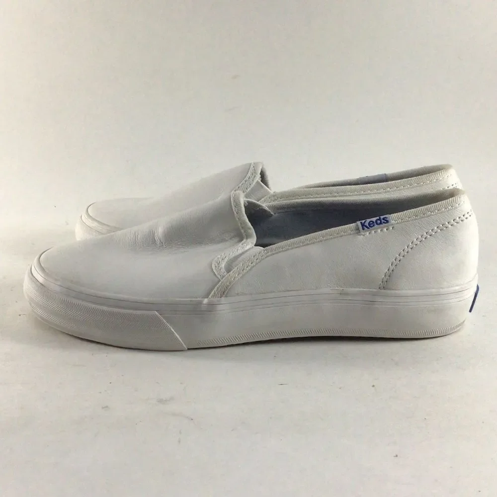 Keds | Shoes | Keds White Slipon Leather Sneakers With Subtle Blue Logo ...